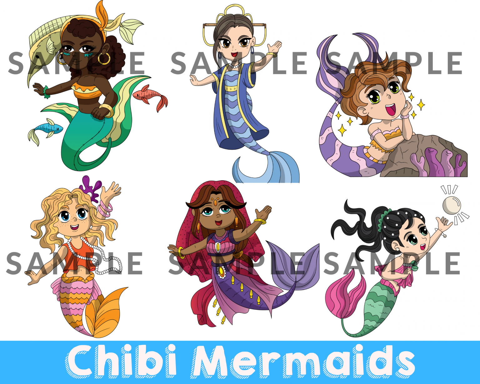 Chibi Mermaids PLR Coloring Pack - Creative Mama Designs