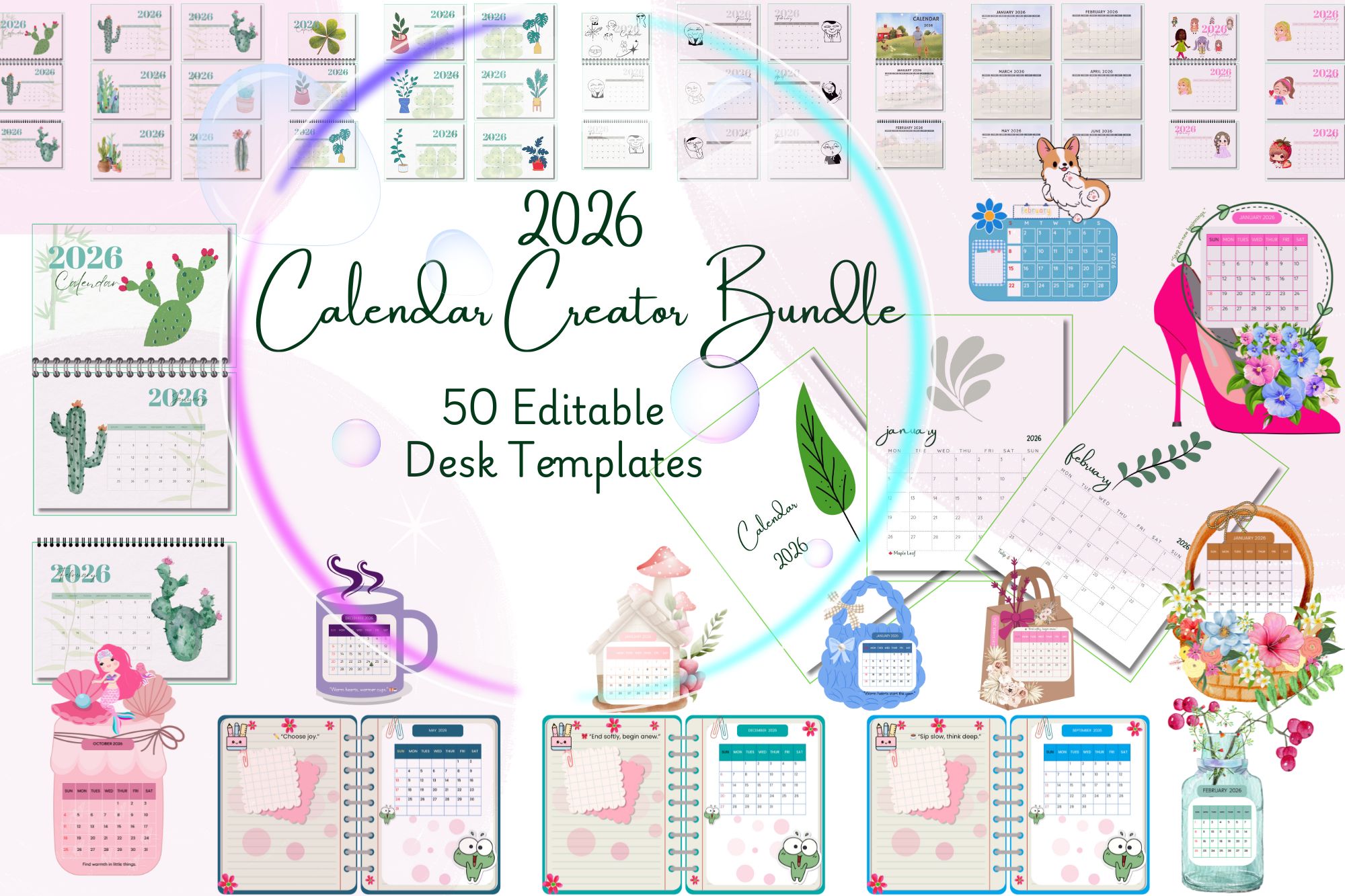 2026 Calendar Creator Bundle – 50 Editable Desk Templates (PLR) - Mymyaff